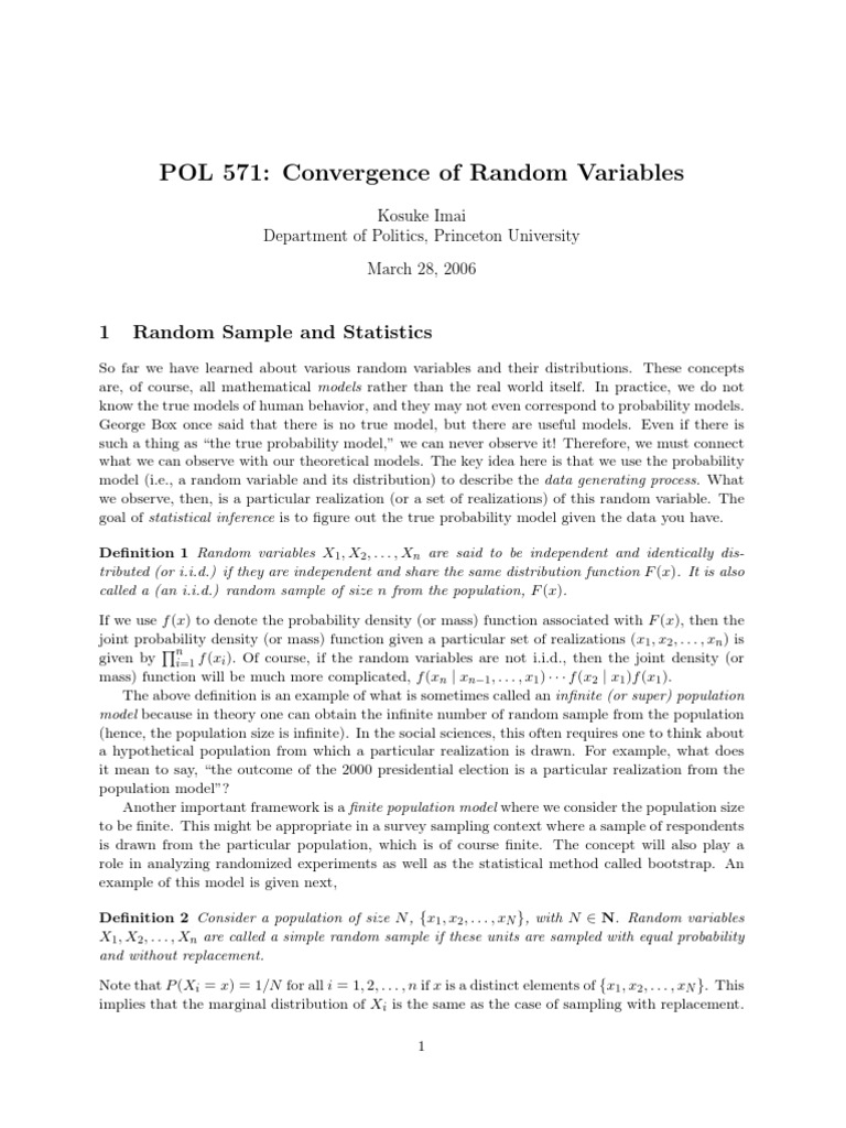 POL 571: Convergence of Random Variables: 1 Random Sample and Statistics | PDF | Probability ...