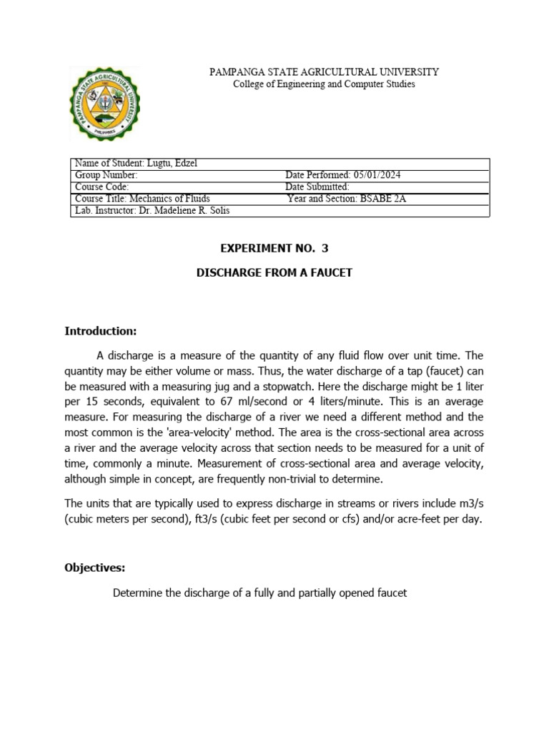 Faucet Discharge Measurement Lab Report | PDF | Discharge (Hydrology ...
