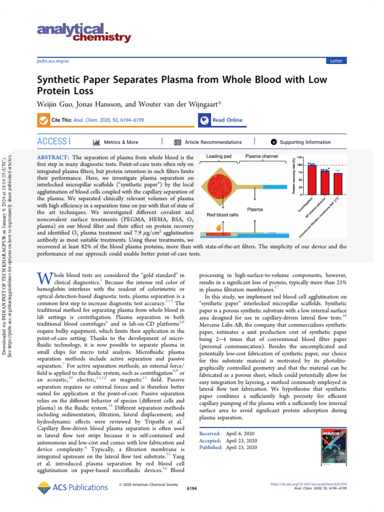 Synthetic Paper for Efficient Plasma Separation | PDF | Blood Plasma ...
