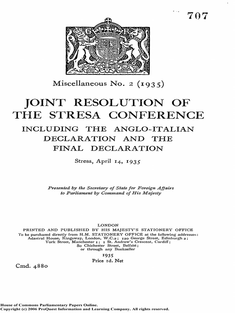 Joint Resolution o the Stress Conference Including the anglo-Italian ...