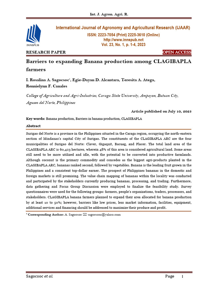 Barriers To Expanding Banana Production Among CLAGIBAPLA Farmers ...