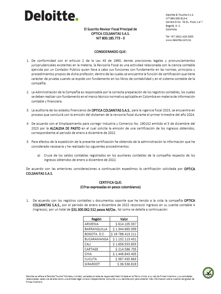 Certificado de Ingresos Expedido Por Revisor Fiscal | Descargar gratis ...