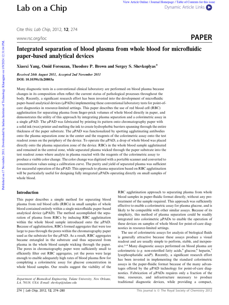 Integrated Separation of Blood Plasma From Whole Blood For Microfluidic ...