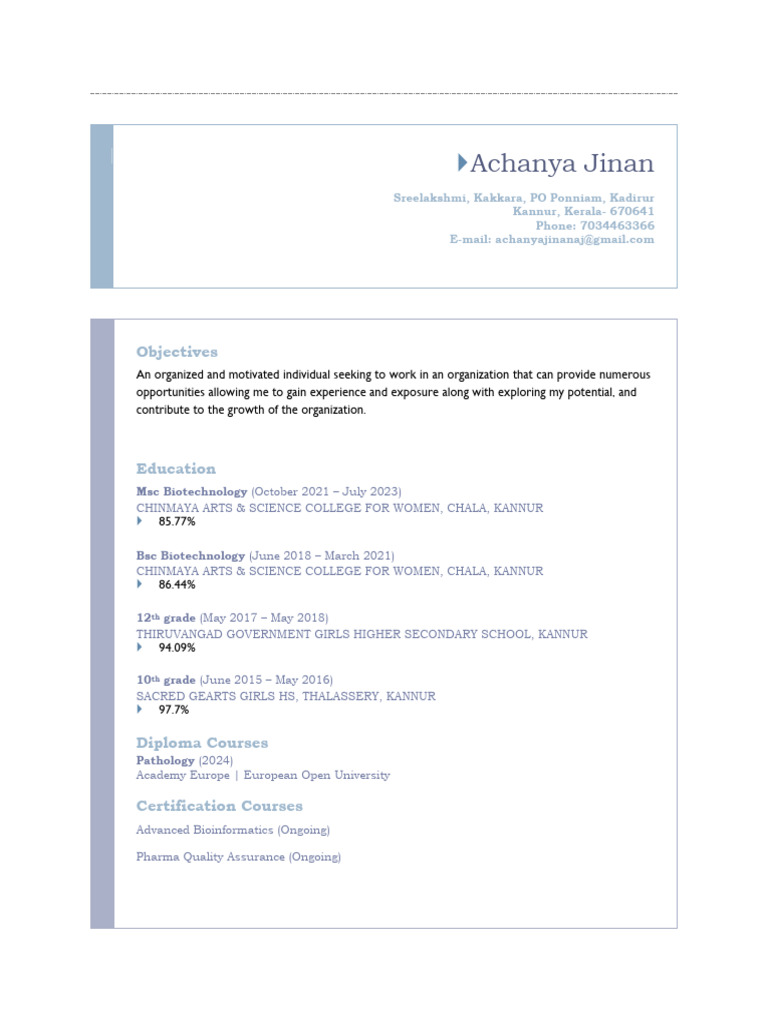 Achanya Jinan's Biotechnology Resume | PDF | Biotechnology | Biology