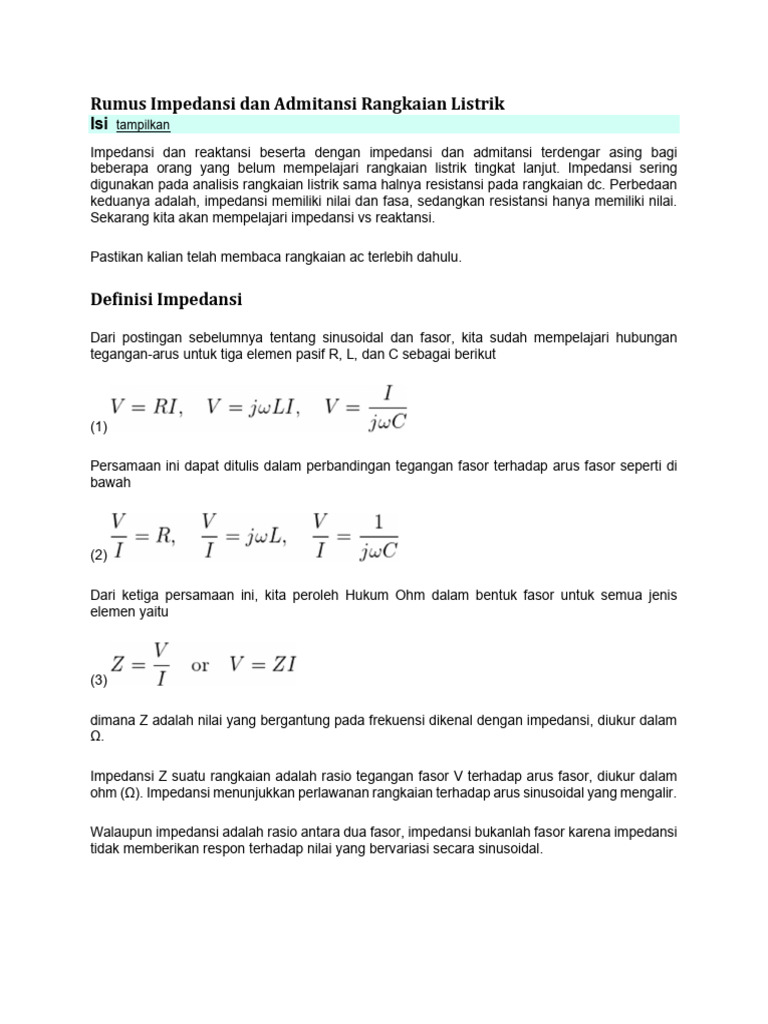 Rumus Impedansi Dan Admitansi Rangkaian Listrik | PDF