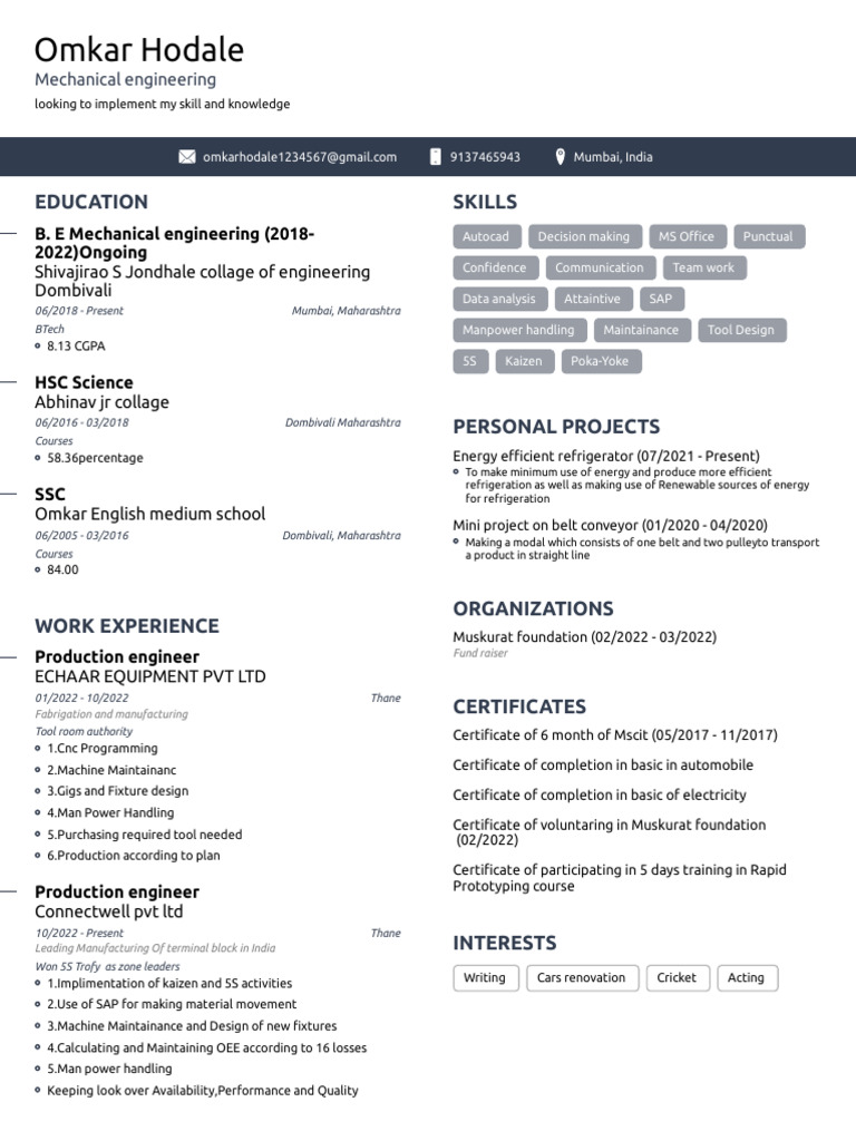 Resume Omkar Hodale | PDF | Engineering | Secondary Sector Of The Economy