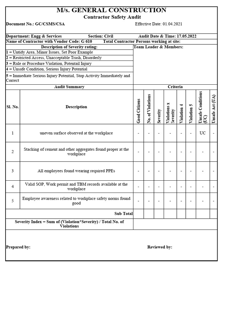 M/S. General Construction: Contractor Safety Audit | PDF | Labor Relations
