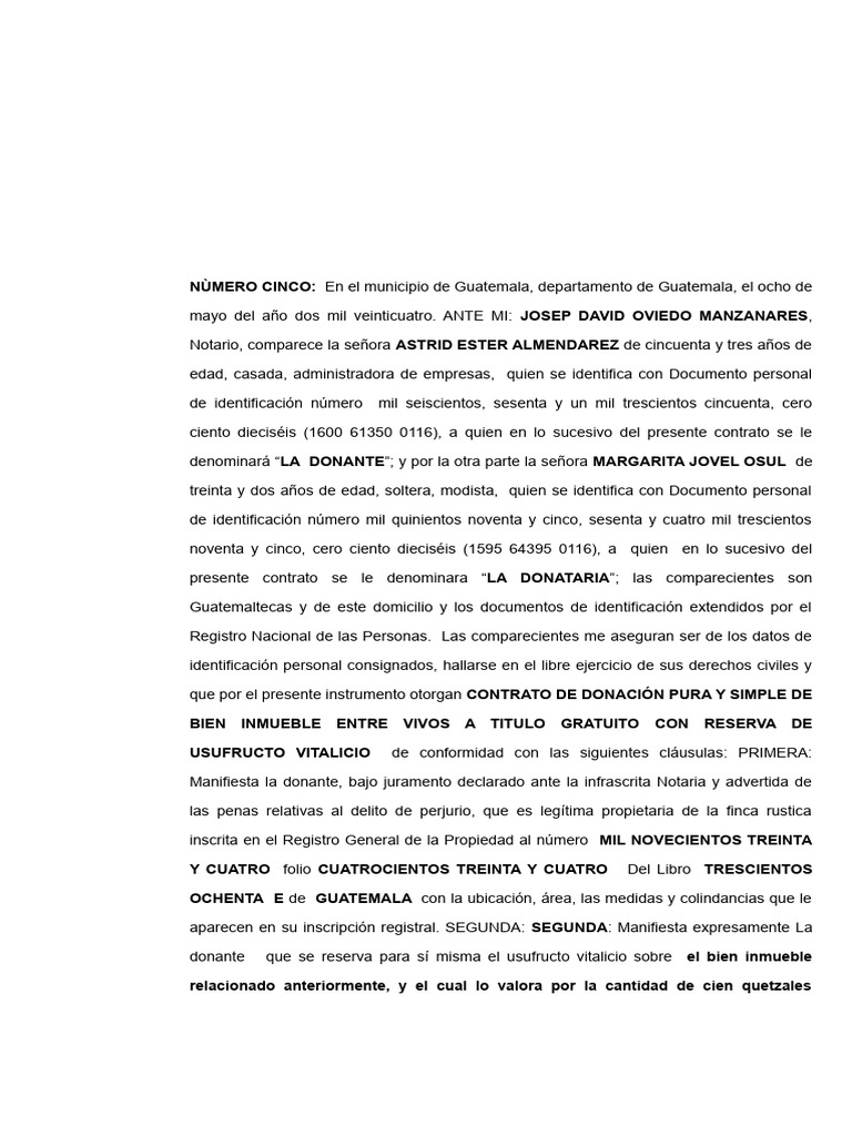 Donacion Entre Vivos de Bien Inmueble Con Reserva de Usufructo Vitalicio 2024 | PDF | Donación