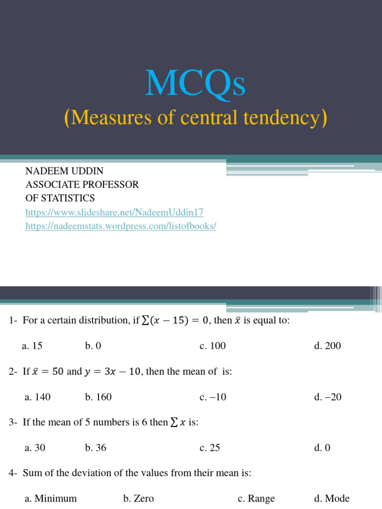 (Measures of Central Tendency) : Nadeem Uddin Associate Professor of ...