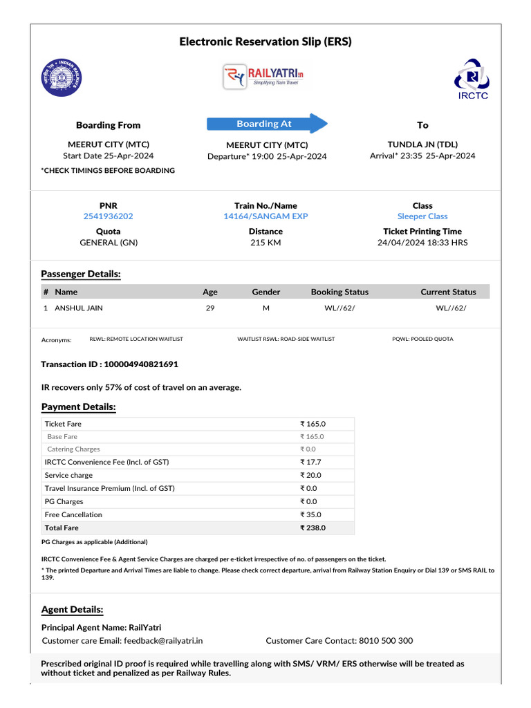 Electronic Reservation Slip Details | PDF | Identity Document