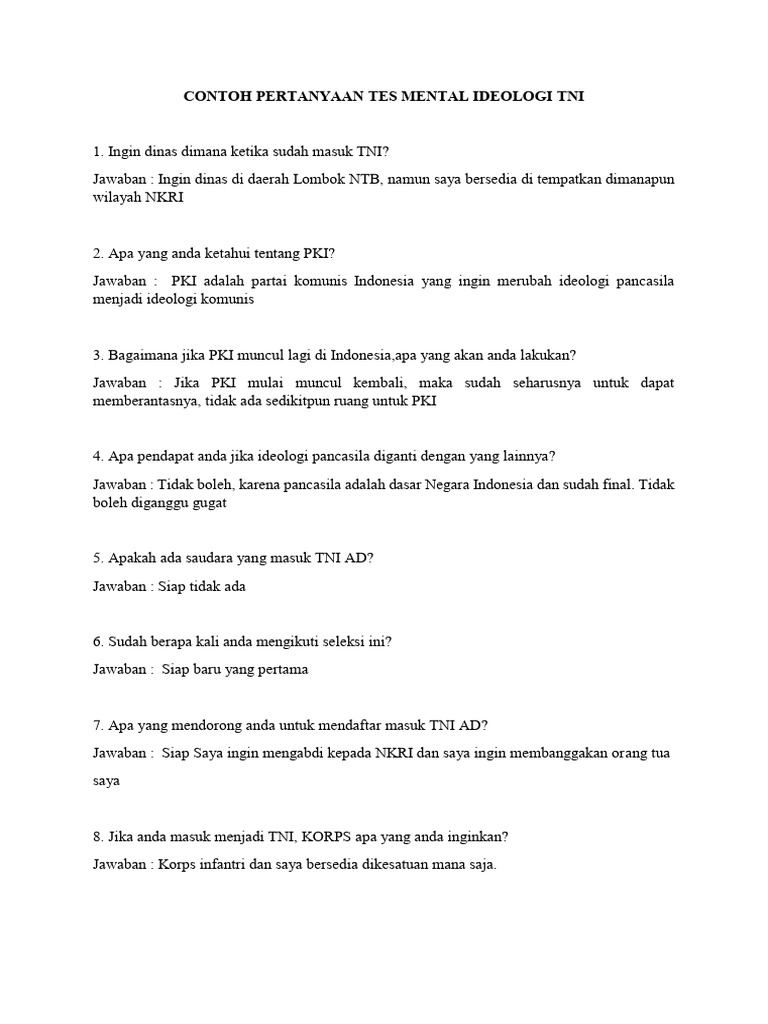 Contoh Soal Tes Mental Ideologi TNI | PDF | Ilmu Sosial