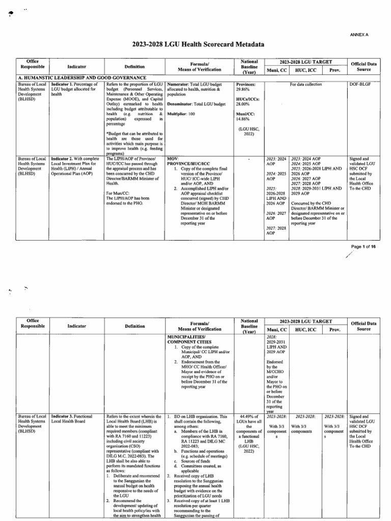 2023 LGU Health Scorecard Metadata | PDF | Sanitation | Drinking Water