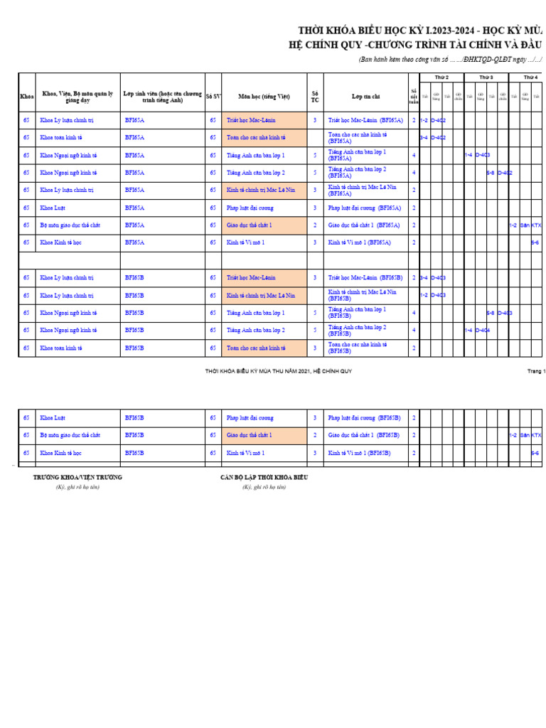 TKB Kỳ THU - 2023 - ĐHCQ - Các Chương Trình Tiếng Anh - K65 (1) Đã Điều Chỉnh | PDF