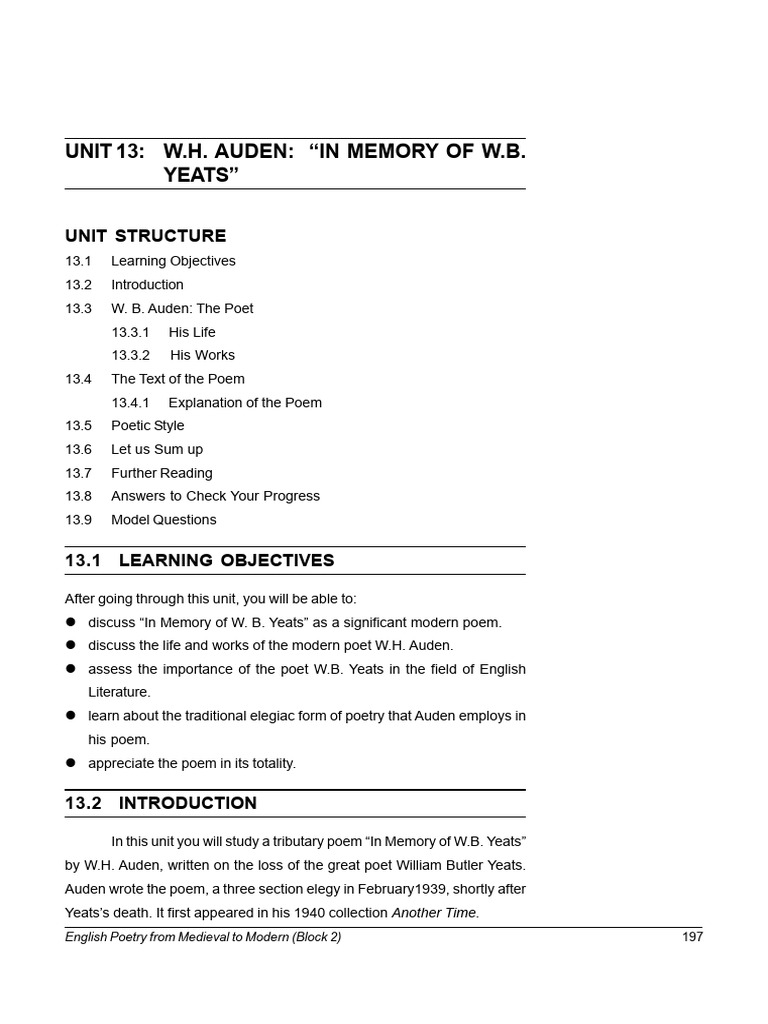 Unit 13 WH Auden in Memory of W B Yeats | PDF | Poetry