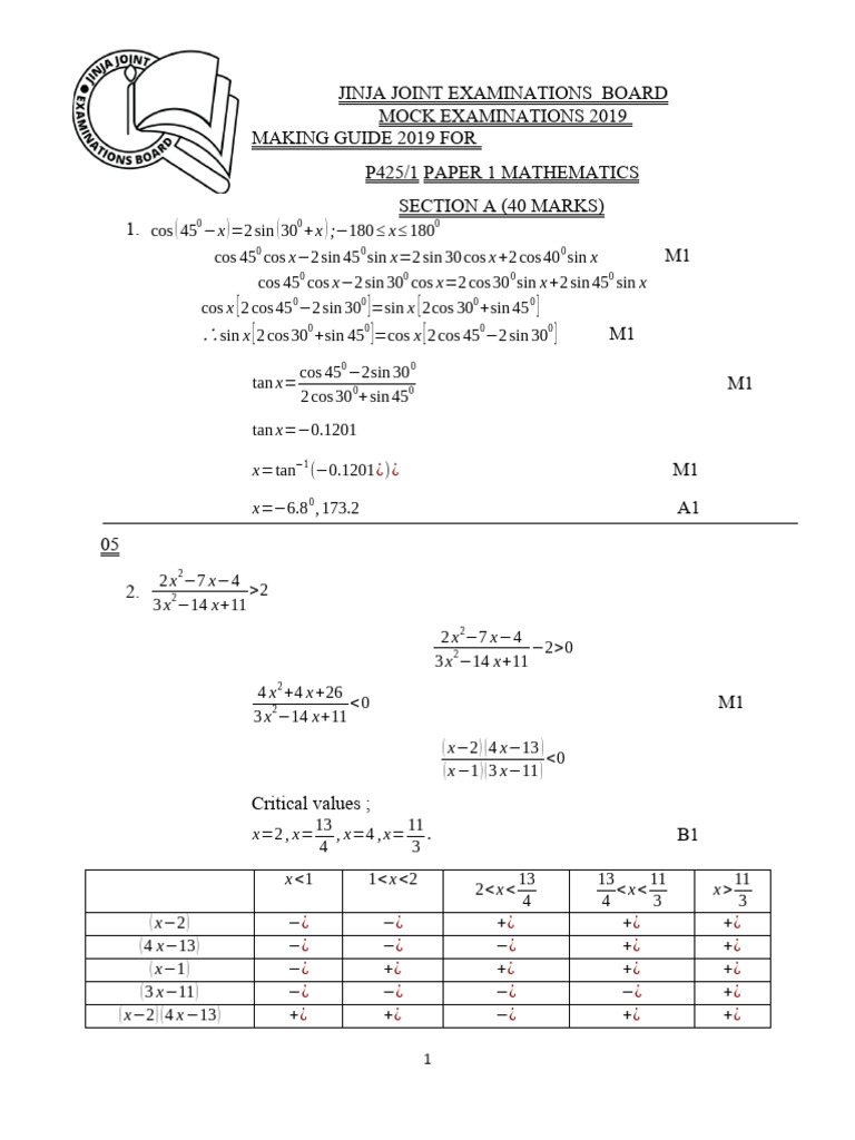 2019 Jinja Joint Mathematics Exam Guide | PDF