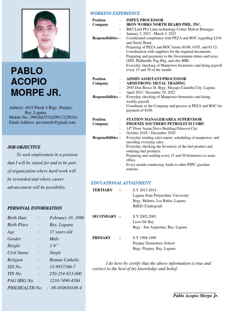 Resume Pablo Morpe JR | PDF