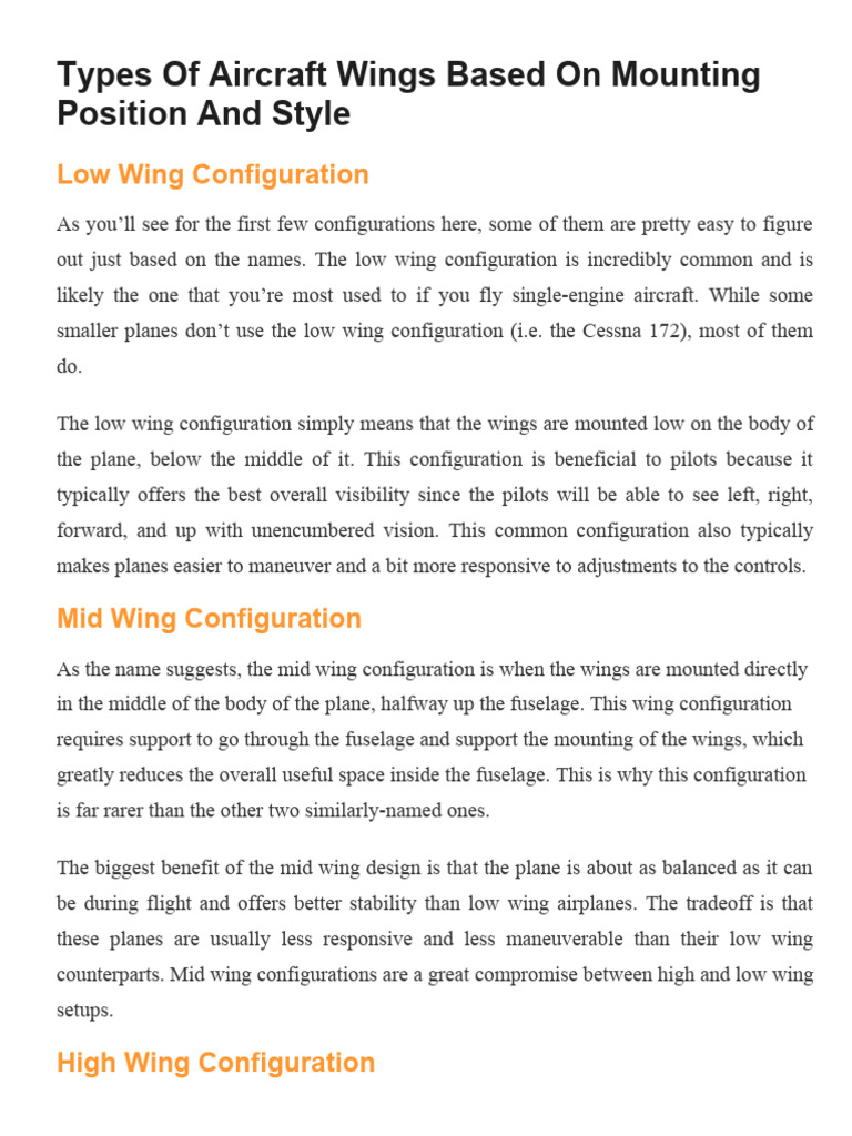 Types of Aircraft Wings Based On Mounting Position and Style | PDF ...