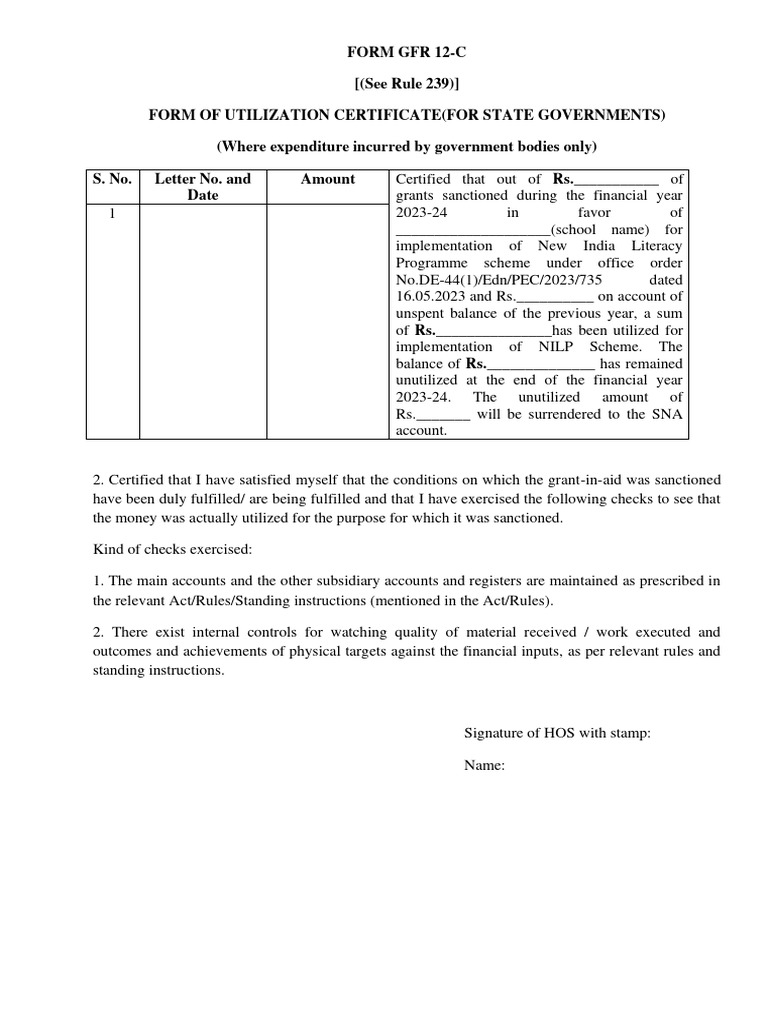 Utilization Certificate of NILP | PDF