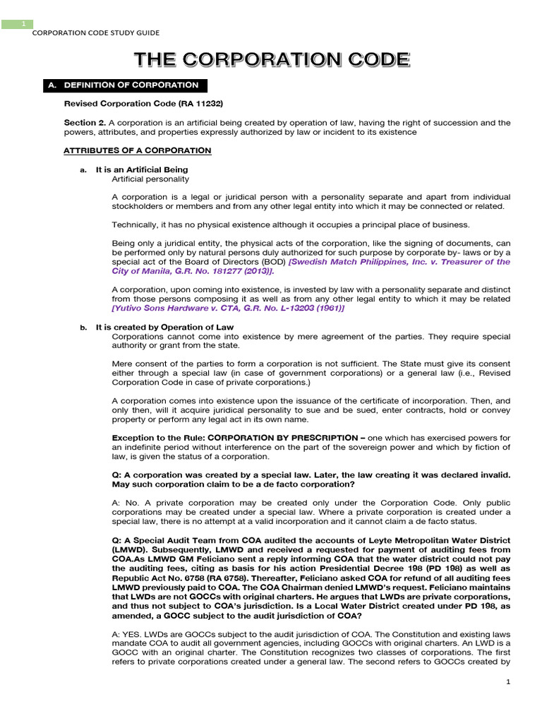 Corporation Code Study Guide For Pre Finals BSA II | PDF | Corporations | Dividend