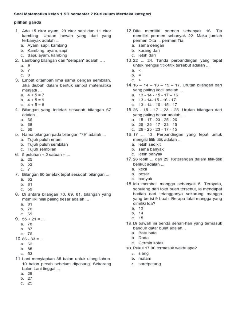 Soal Matematika Kelas 1 Sd Semester 2 Kurikulum Merdeka Kategori Pdf