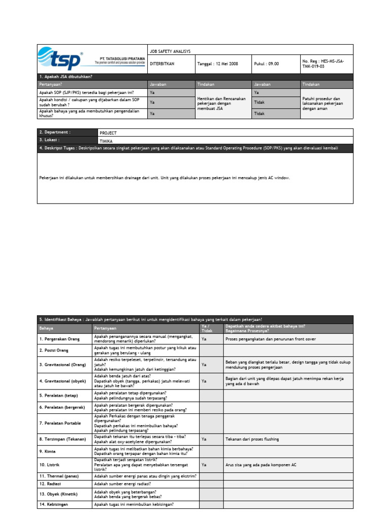 Analisis Keselamatan Kerja JSA dan SOP | PDF