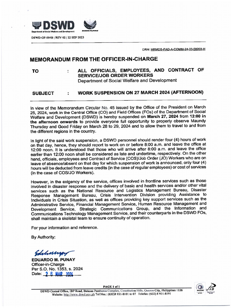 Memorandum From The Officer in Charge | PDF