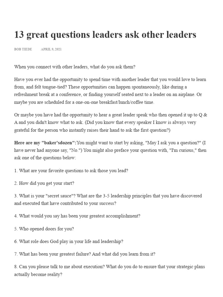 13 Great Questions Leaders Ask Other Leaders | PDF | Self-Improvement