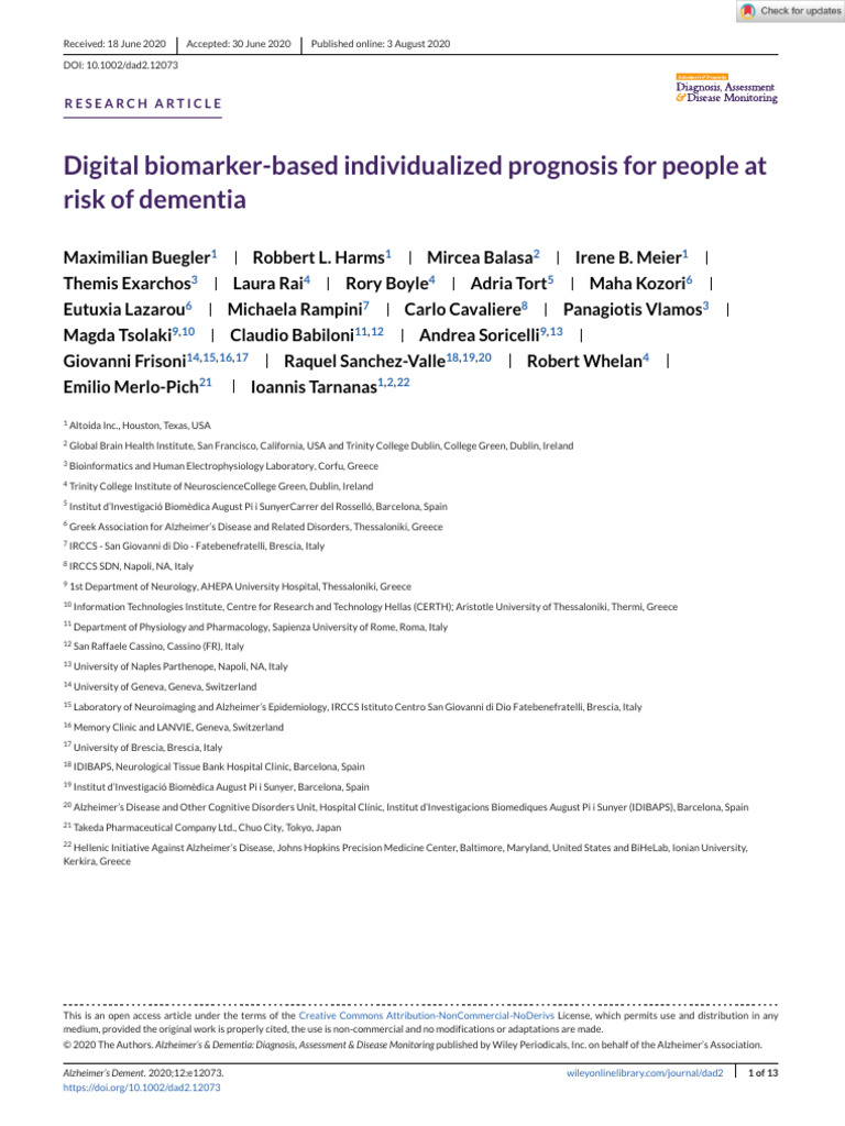 Alz Dem Diag Ass Dis Mo - 2020 - Buegler - Digital Biomarker Based Individualized Prognosis For ...