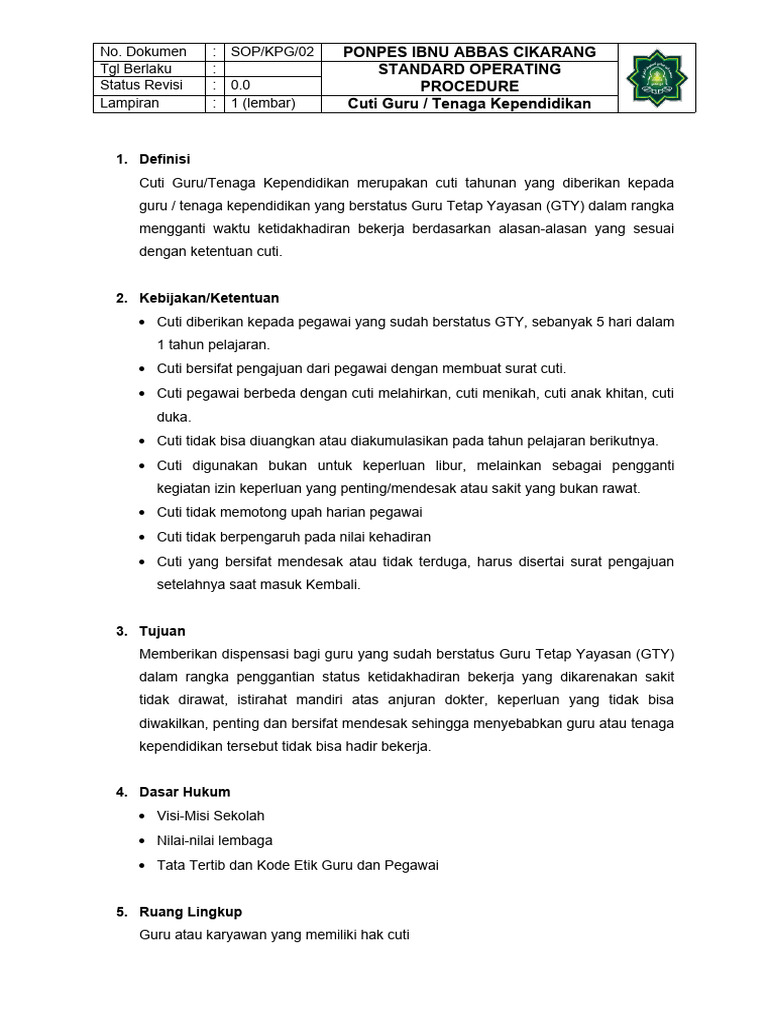 Form Sop - Cuti Gty | PDF