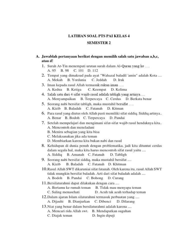 LATIHAN SOAL PTS PAI KELAS 4 KUMER Sem 2 | PDF | Karier & Perkembangan | Kajian Bahasa Asing