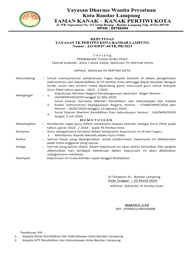 Contoh SK Piket Sekolah | PDF