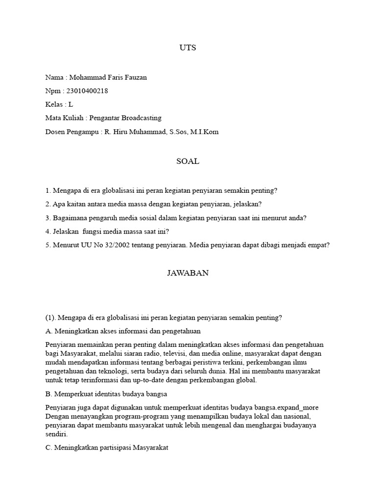 UTS Pengantar Broadcasting Mohammad Faris Fauzan | PDF | Ilmu Sosial