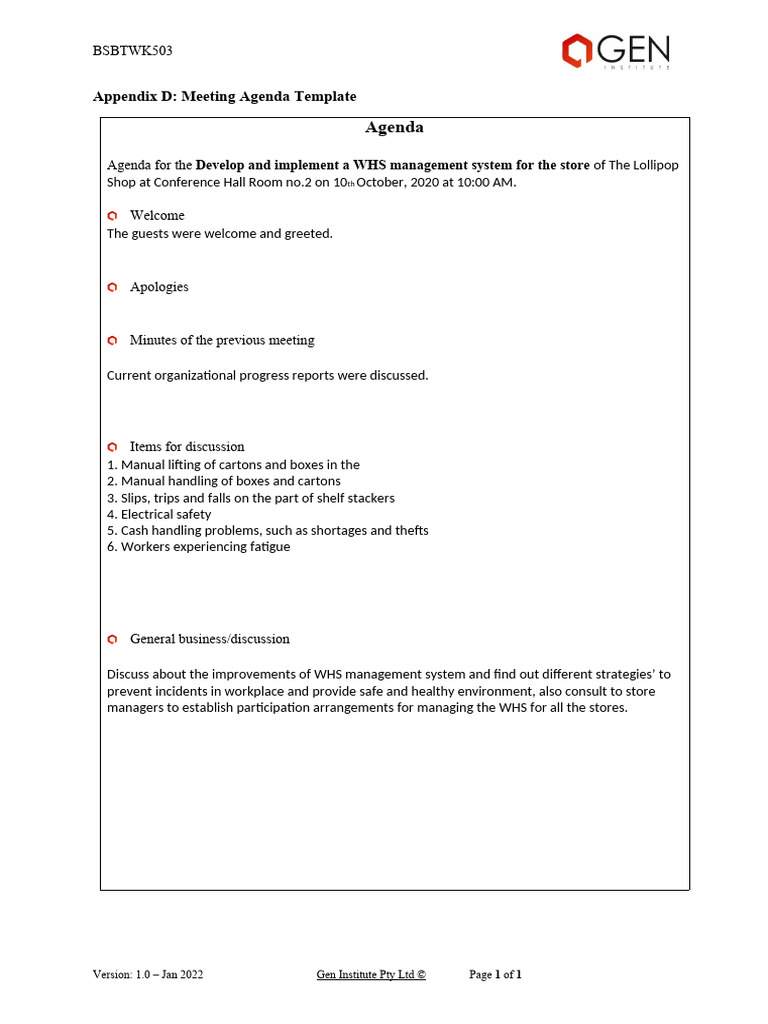 6 - BSBTWK503 Appendix D - Meeting Agenda Template | PDF