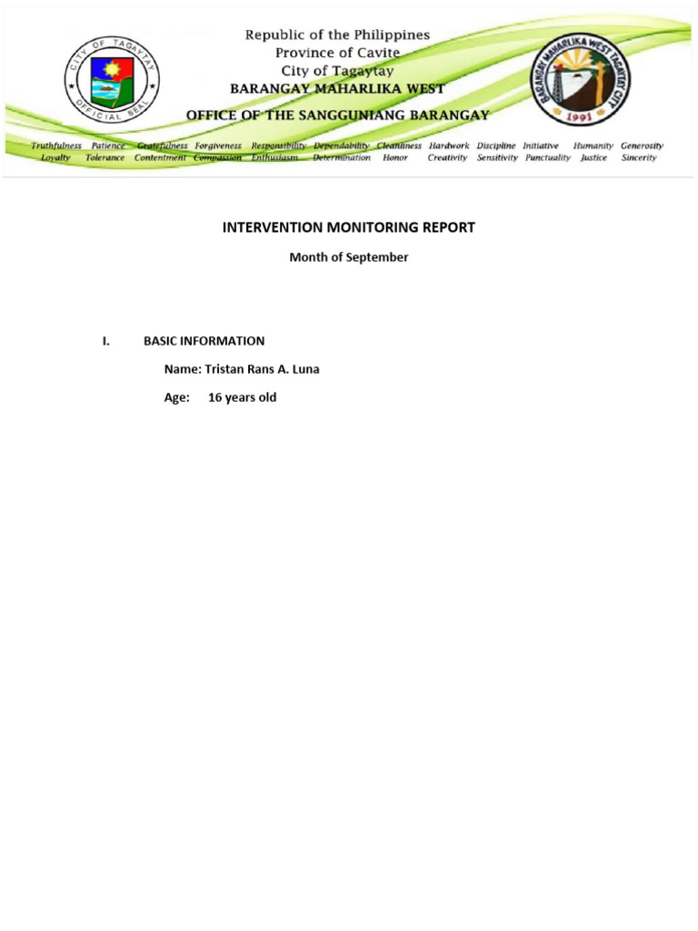 INTERVENTION MONITORING REPORT Tristan | PDF