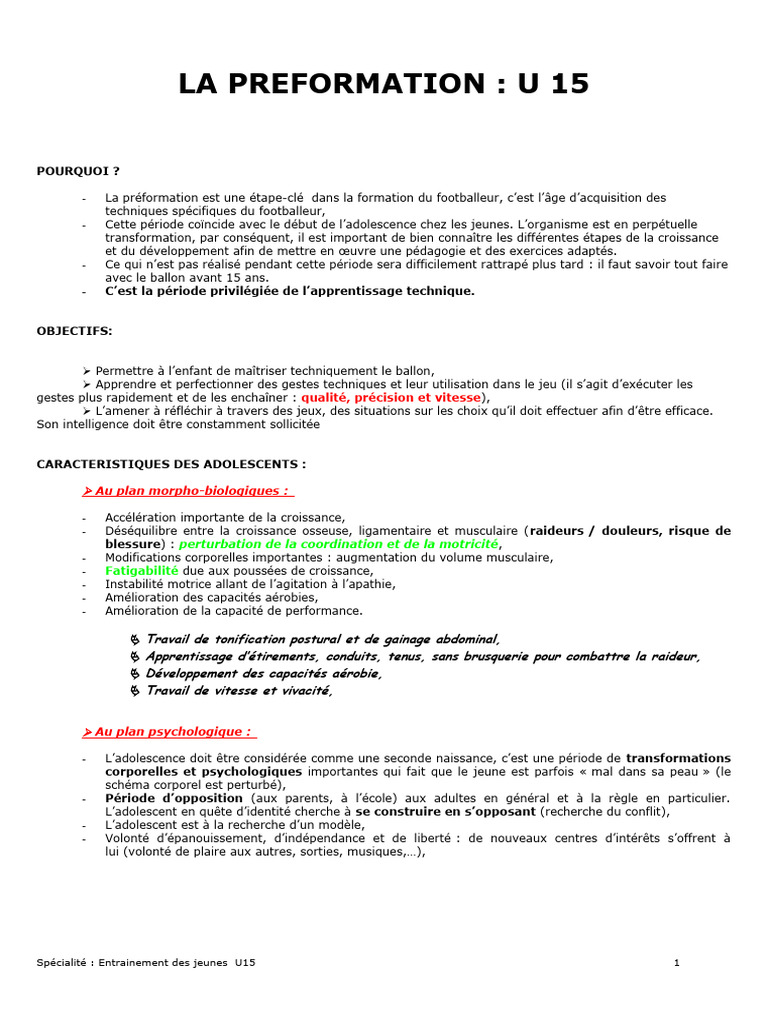 Préformation U15 : Techniques et Objectifs | PDF | Défenseur (football ...