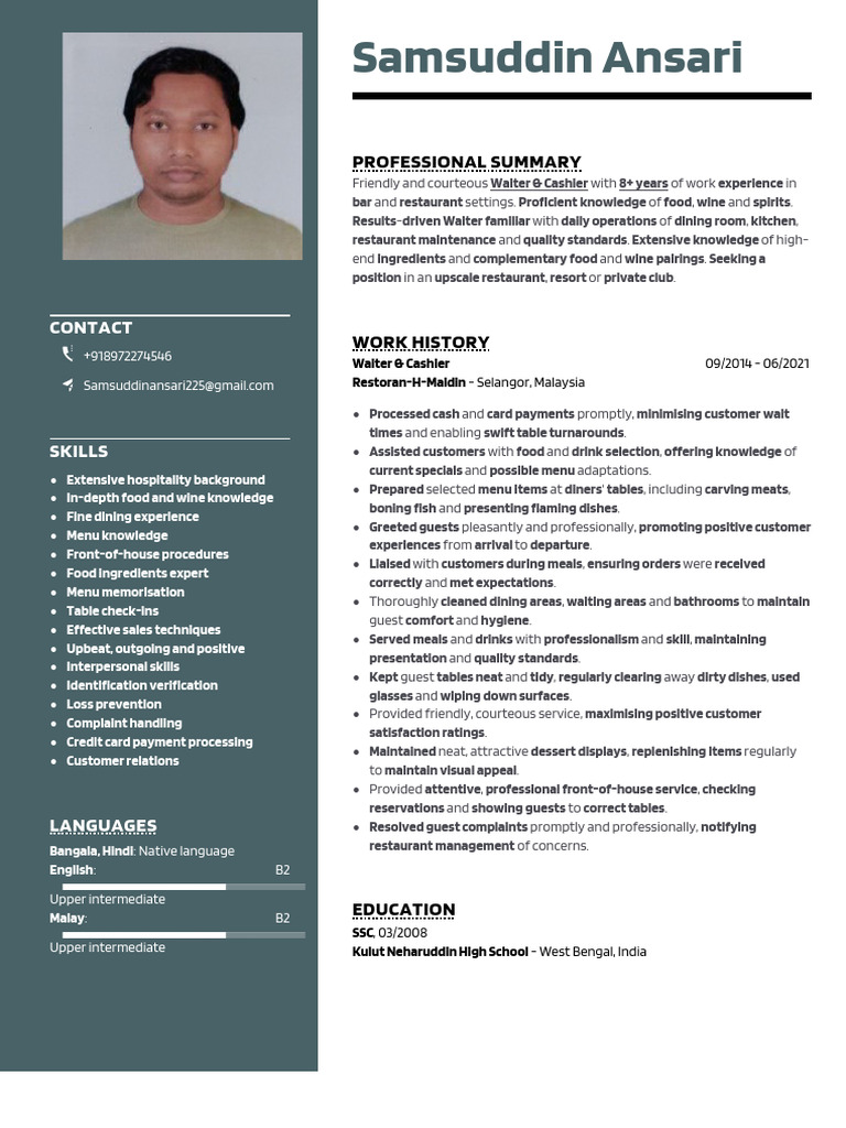 Samsuddin Ansari CV 378 | PDF | Restaurants | Waiting Staff