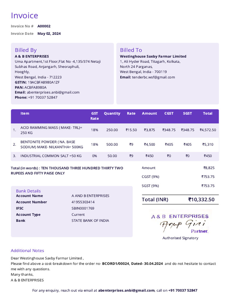 Invoice A00002 A and B Enterprises Westinghouse Saxby Farmar Limited | PDF | Economy Of India ...