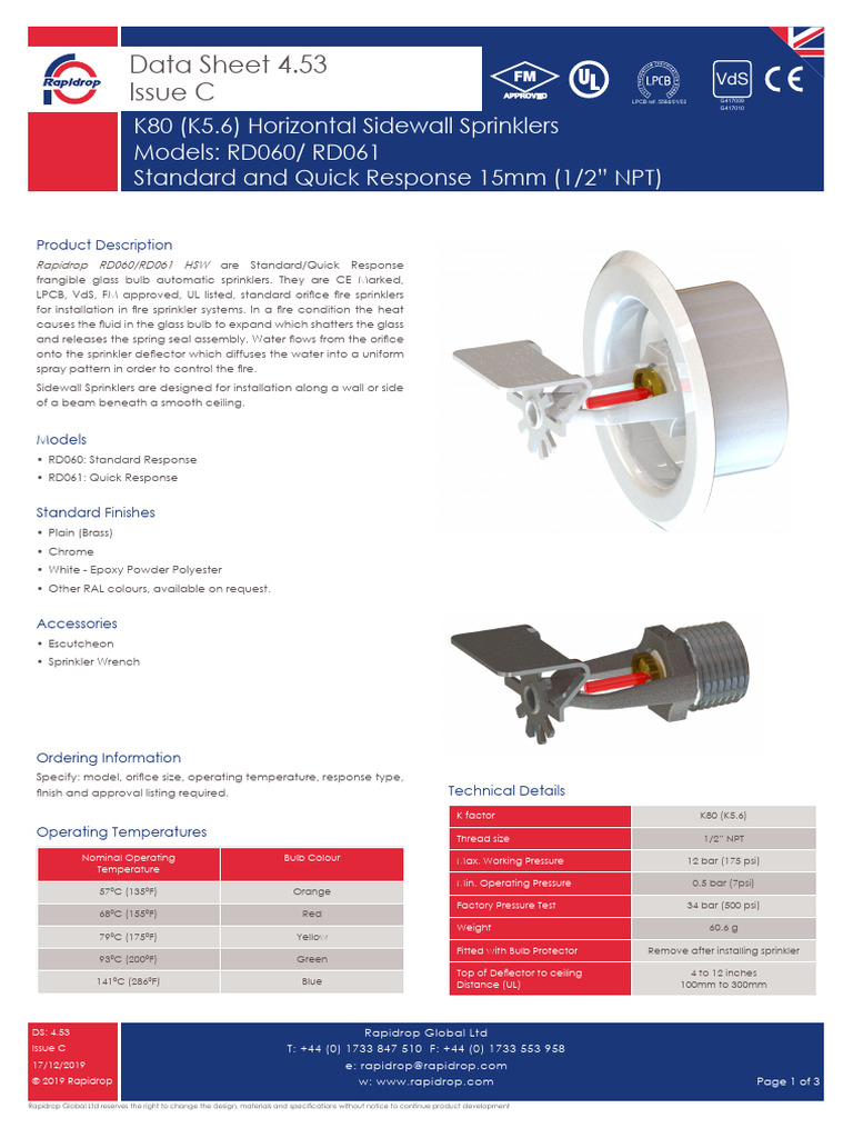 Rapidrop K80 Sidewall Sprinklers Guide | PDF | Fire Sprinkler System