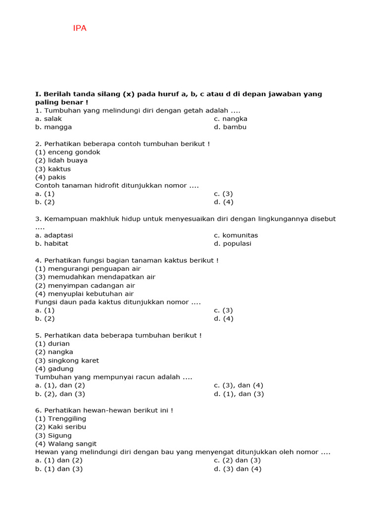Soal IPA Kelas 6 Semester 1 (Tema2) 2021 | PDF | Sains & Matematika