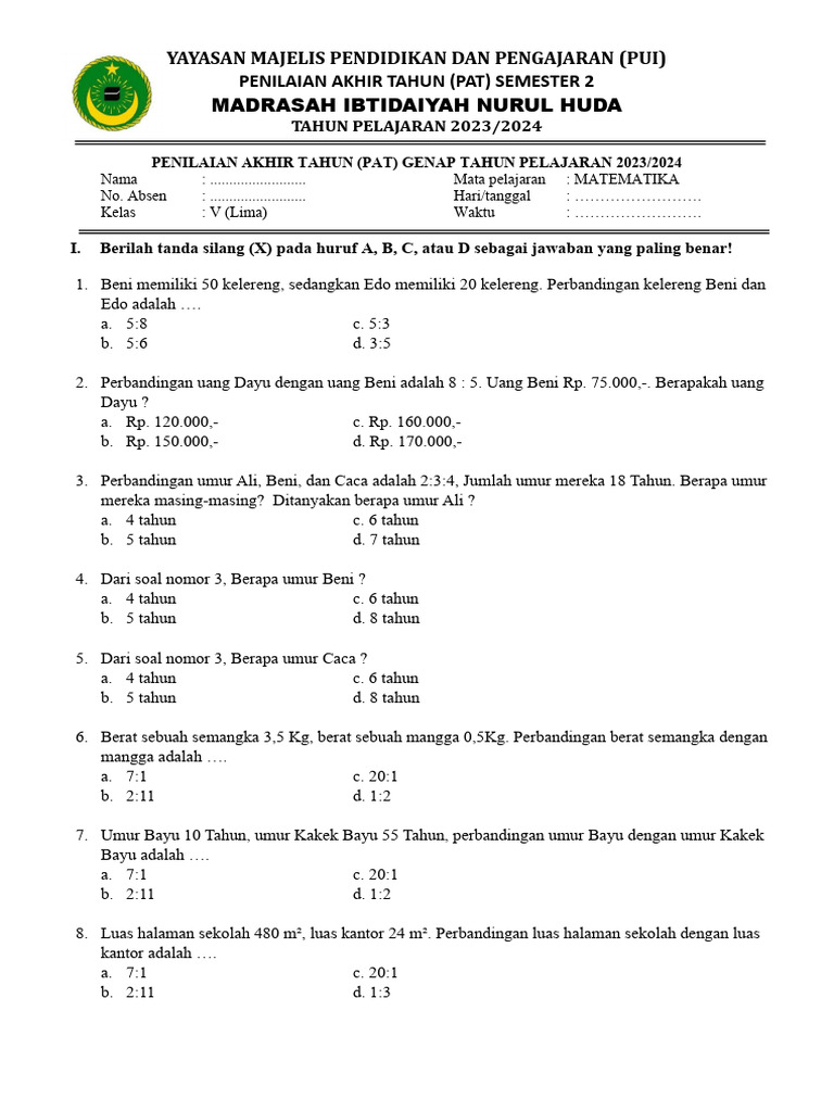 Soal Pat Matematika KLS 5 Mi | PDF