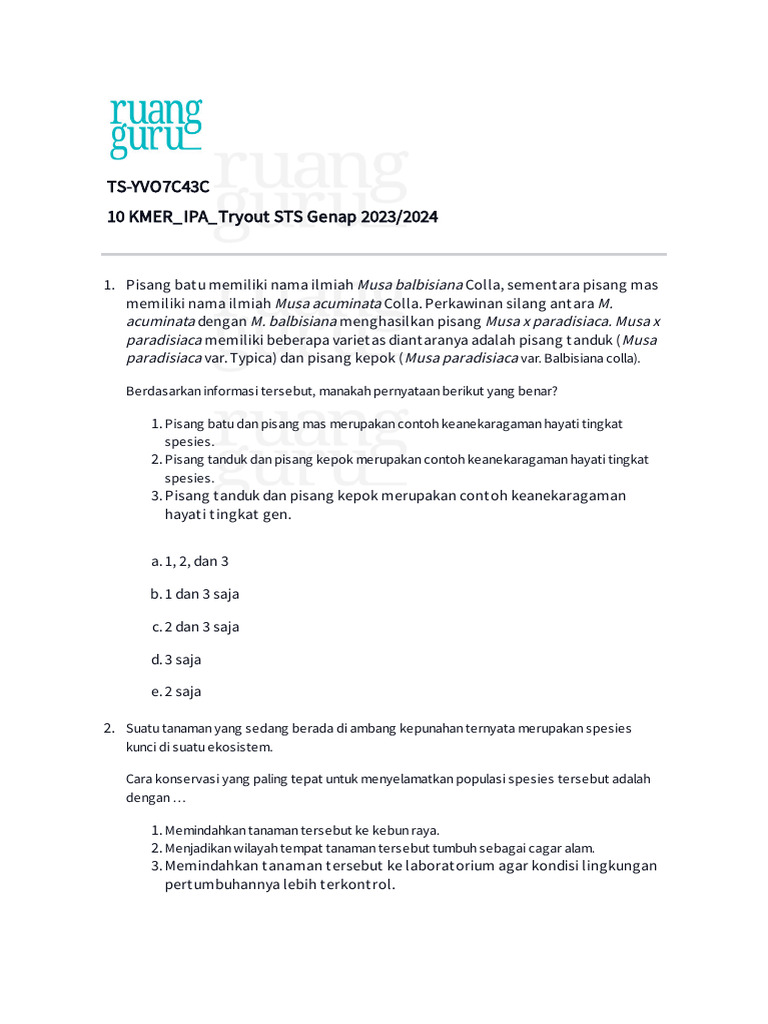 10 Kmer - Ipa - Tryout Sts Genap 2023 - 2024 | PDF | Sains & Matematika
