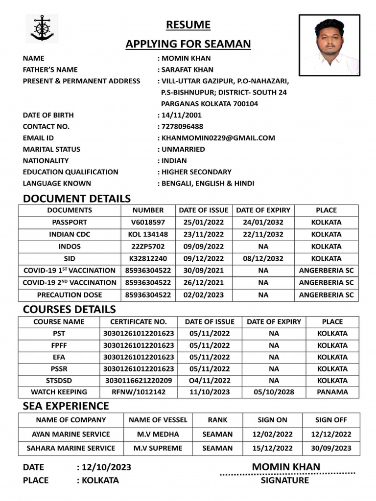 Momin Resume Applying For Seaman | PDF