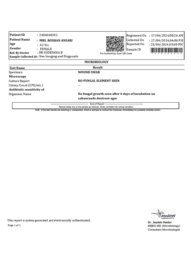 Patient ID Mrs. Roshan Ansari Patient Name Age Gender: Sample Collected ...
