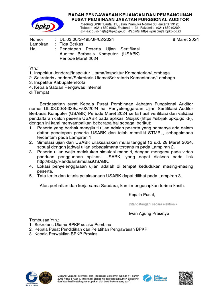 Surat Penetapan USABK Maret2024 APIP | PDF