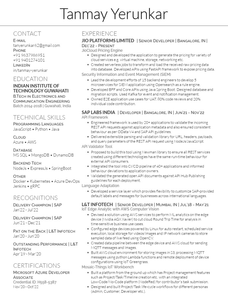 Tanmay CV | PDF | Cloud Computing | Internet Of Things