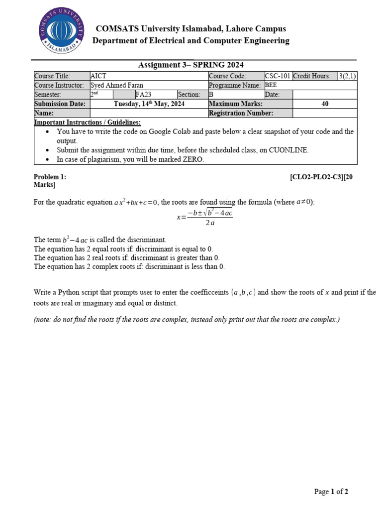 AICT CSC-101 FA23 BEE B Assignment-3 SP24 | PDF | Algebra | Computer ...