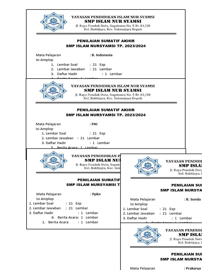 Cover Amplop Soal 2023-2024 | PDF