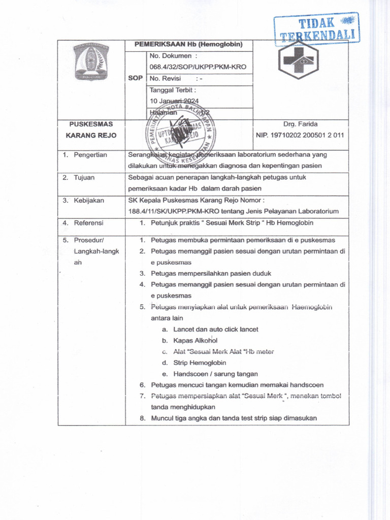 SOP Pemeriksaan HB | PDF