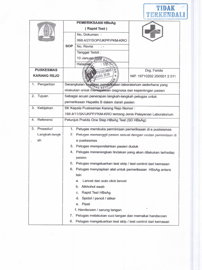 SOP Pemeriksaan HBsAg | PDF