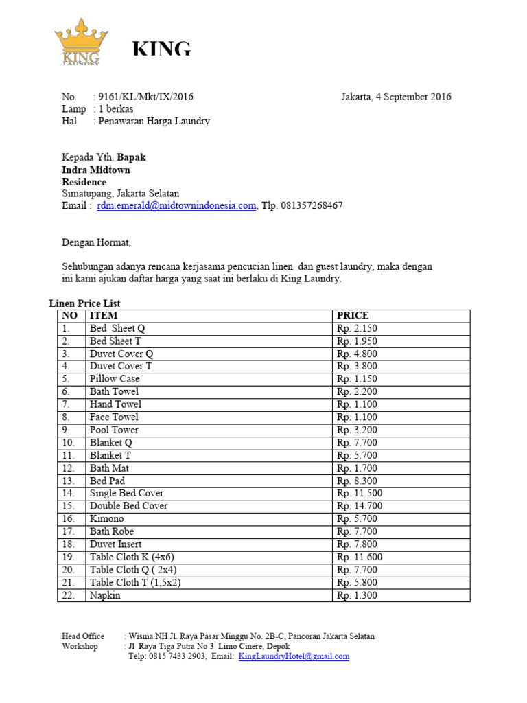 Surat Penawaran Jasa Laundry Hotel | PDF